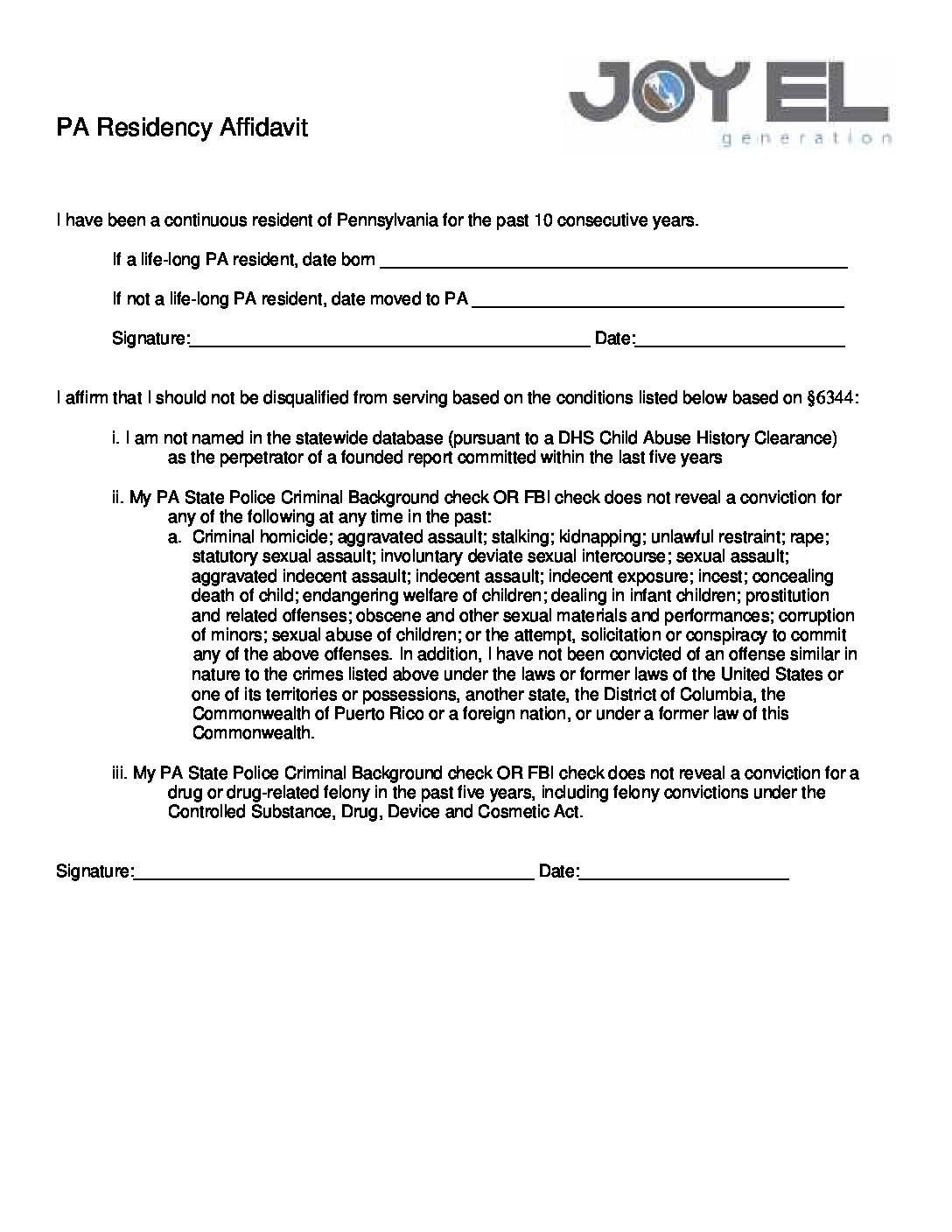 PA Residency Affidavit | Joy El Generation